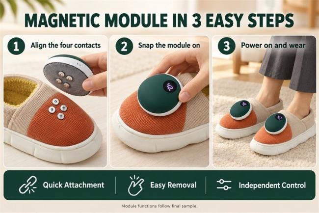 Three steps to attach the magnetic heating module to a slipper