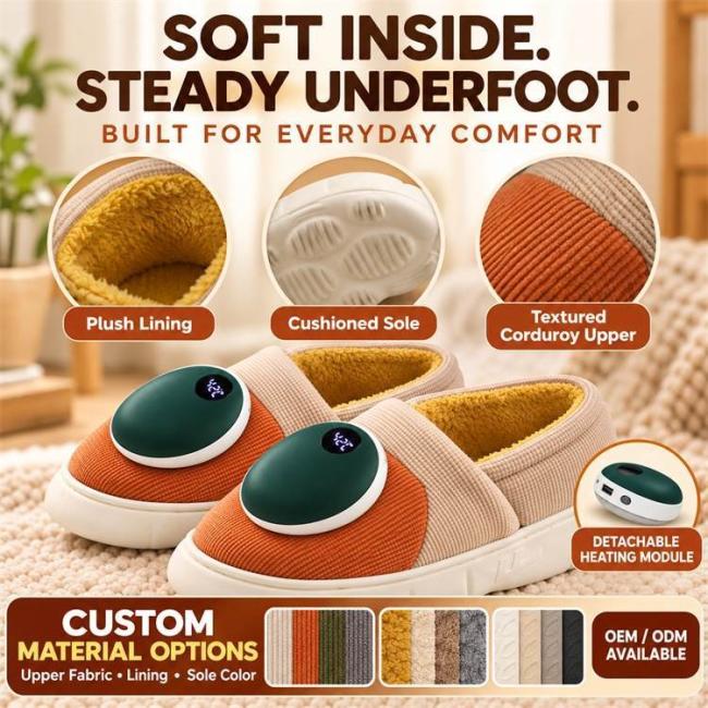 Plush lining, cushioned sole and textured corduroy upper of heated slippers