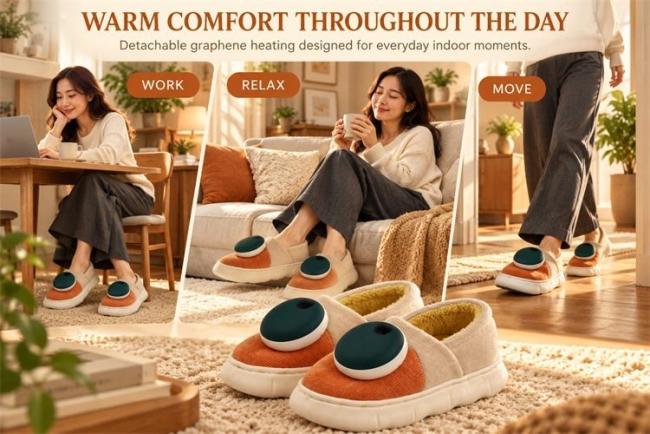 Heated slippers worn while working, relaxing and moving around indoors