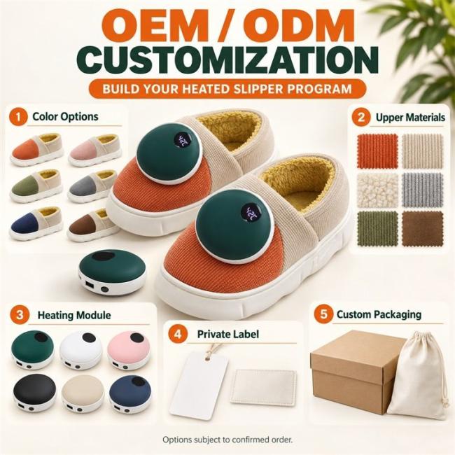 OEM ODM heated slipper customisation: colour, material, heating module, private label and packaging