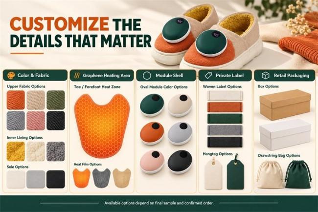 Heated slipper customisation matrix: fabric, heating area, module shell, label and packaging