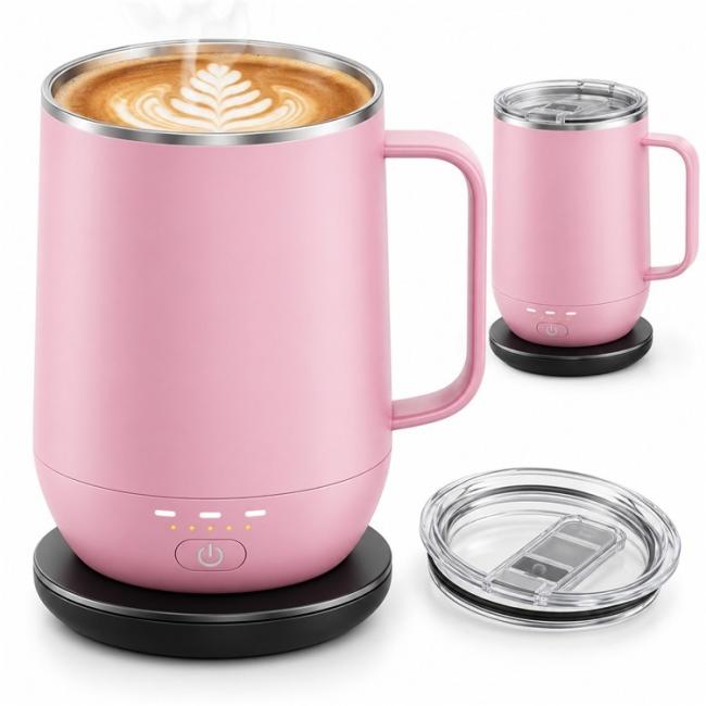 Wireless charging heated mug in pink with its charging base and splash-resistant lid
