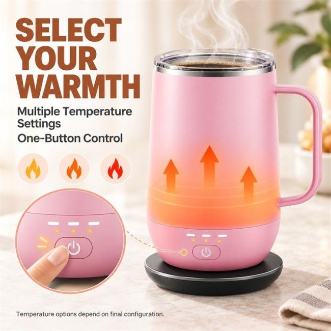 Multiple temperature settings and one-button control on a heated mug