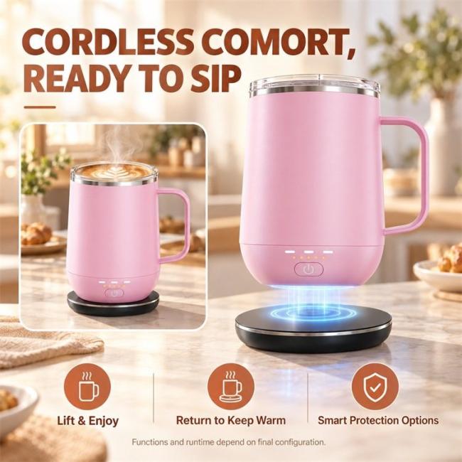 Heated mug lifted off its wireless charging base and returned to keep warm