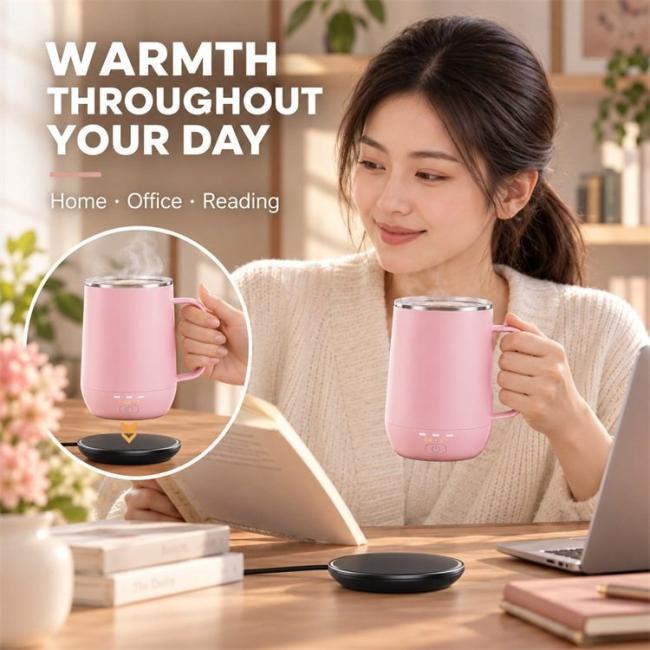 Heated mug used at home, at a desk and while reading
