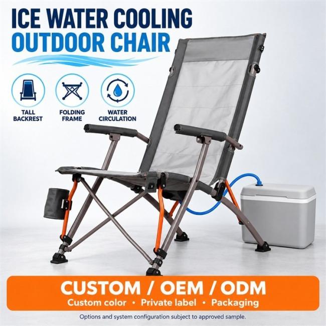 Ice water cooling outdoor folding chair with a folding cross-brace frame, foam armrests and an external ice water box