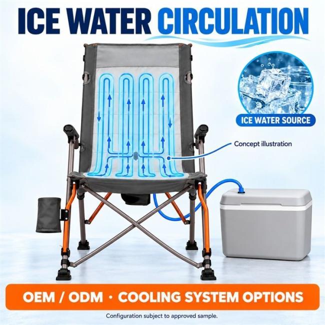 Concept illustration of the ice water circulation loop running from the water box through the chair seat and backrest