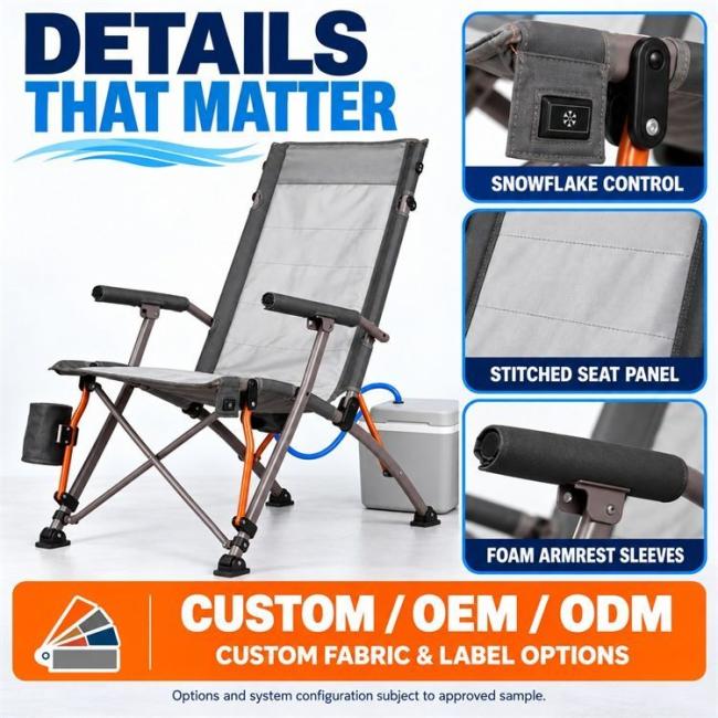 Snowflake control, stitched seat panel and foam armrest sleeves on the cooling chair