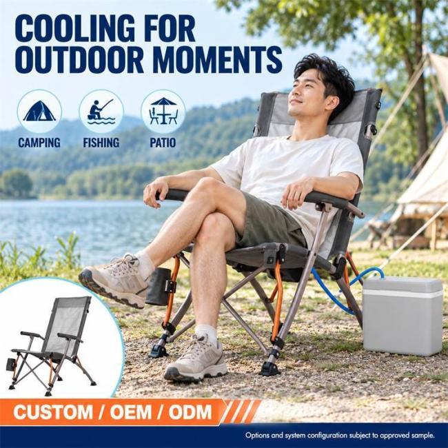 Ice water cooling outdoor chair in use at a lakeside camping and fishing setting