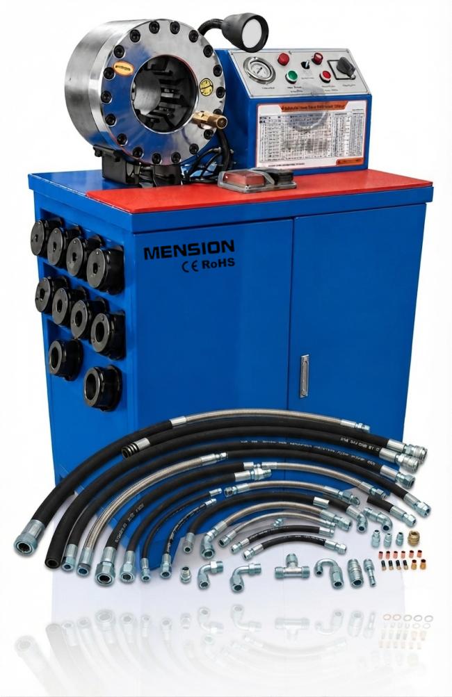 MS-51CG Hose Swaging Machine showing full equipment setup