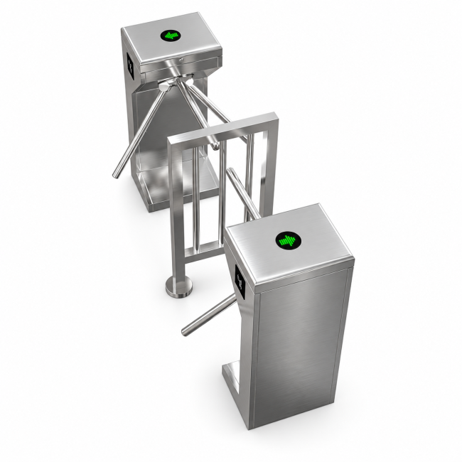 Ironman IM.S101 tripod turnstile side view showing reinforced stainless steel frame and access control panel