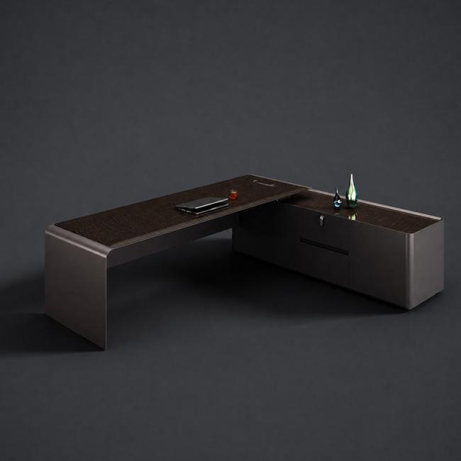 Executive desk detail showing wood grain veneer and finish