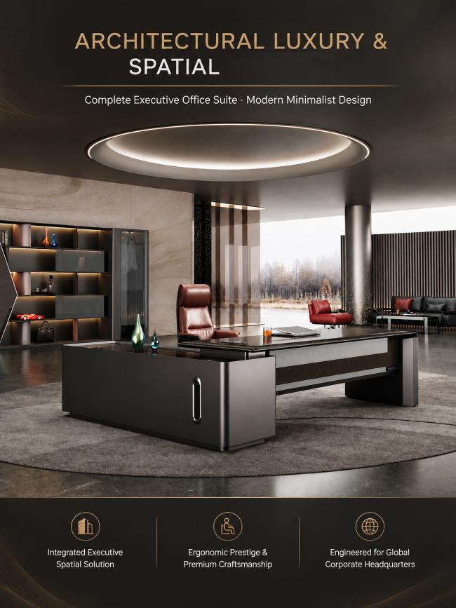 Executive office desk with side table shown in a modern office setting