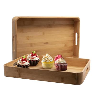 China Wholesale Customized 2 Pack Large Handmade Bamboo Breakfast Dinner Catering Tray Wood Riser Tray With Handles for sale