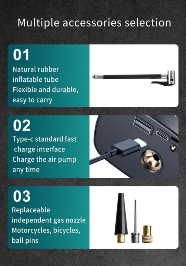 150 PSI cordless air compressor features, nozzles and package contents