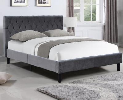 Китай Velvet Fabric Dark Grey Upholstered Bed Frame Queen Size With Buttons On Headboard продается