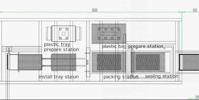 Technical layout diagram of automatic bottle tray vacuum heat sealer machine