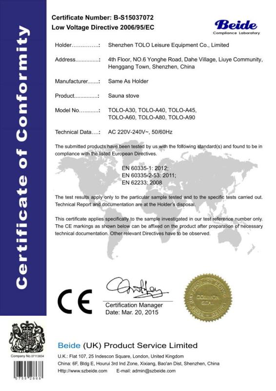 CE Certificate - Shenzhen TOLO Leisure Equipment Co.,LTD