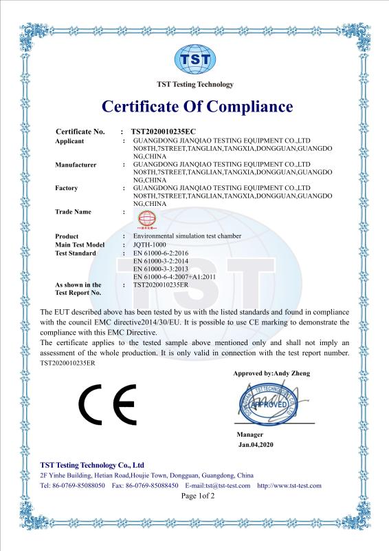 CE Certificate  - Guangdong Jianqiao Testing Equipment Co., Ltd.