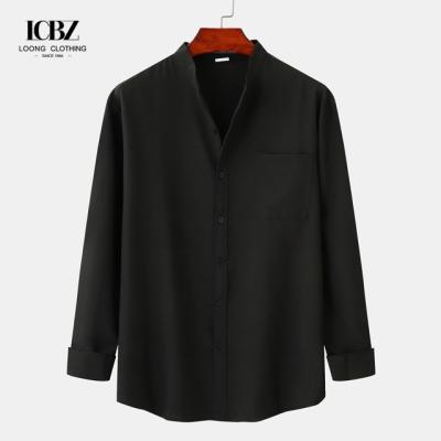China Camisas de algodão de manga longa de linho branco preto regular com logotipo personalizado à venda