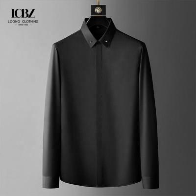 Cina Camicia da uomo a manica lunga, colorata semplice, con colletto a piedi e cotone a colori solidi in vendita