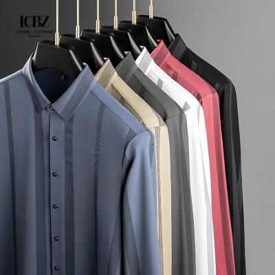 中国 LCBZ オーダーメイド ロゴ 豪華 ストライプ シルク 男性シャツ 冬用 覆い ボタン 閉め 販売のため