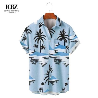 Cina T-shirt da campeggio hawaiano stampato su misura per uomini Allover Logo Design Chiusura a bottone coperto in vendita
