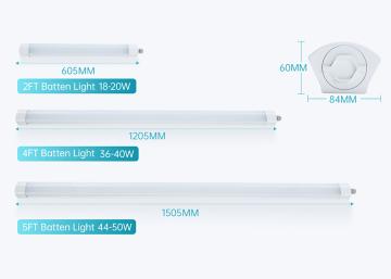 LED Linear Lighting Fixture K-Series Size This image presents the appearance and dimensions of the COMLED K-Series LED linear light fixture in three standard models: 2FT, 4FT,and 5FT.
