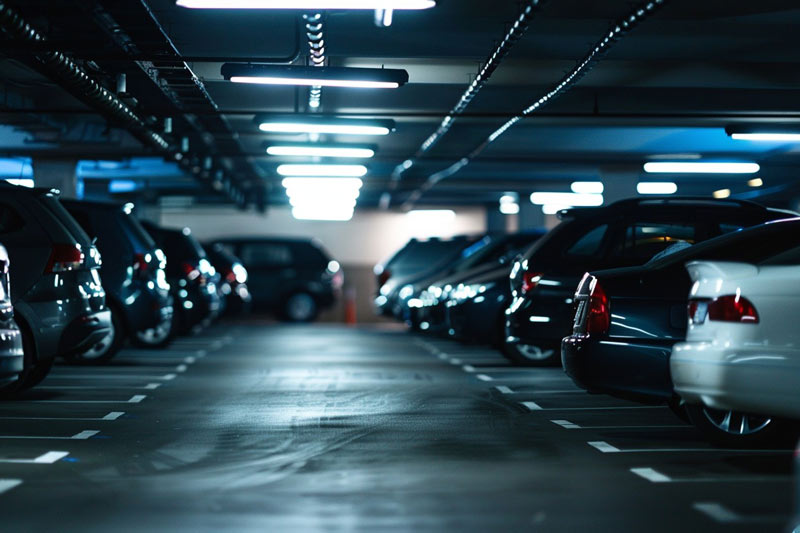 Car Park LED Batten Lights: An Efficient Lighting Solution This diagram illustrates how COMLED LED batten lights provide adequate illumination in a dimly lit underground parking garage.