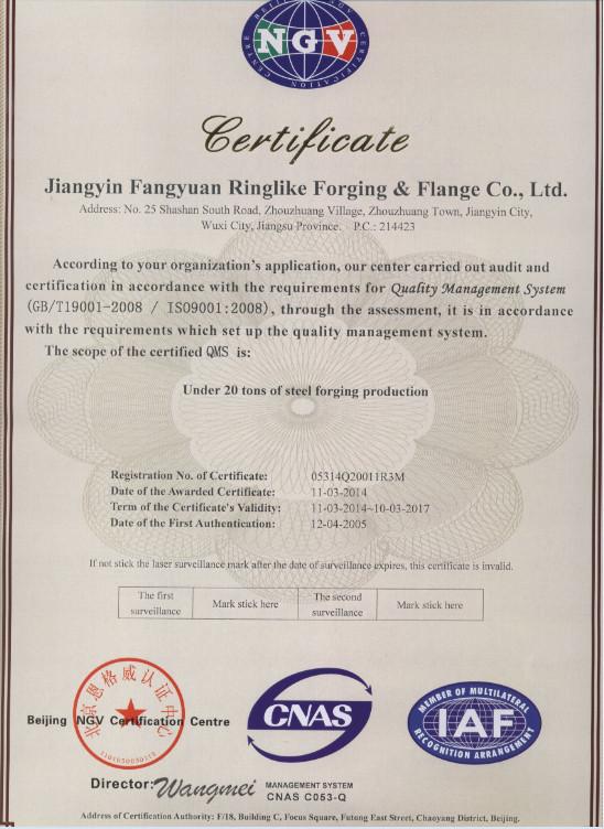 ISO9001:2008 - Jiangyin Fangyuan Ringlike Forging And Flange Co., Ltd.