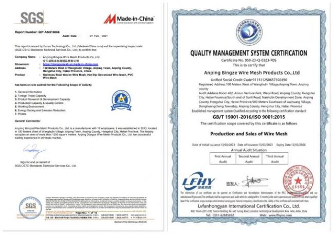 Quality certifications and standards compliance for wire mesh products