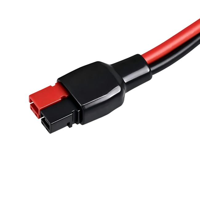 Anderson power connector close-up, red black battery cable assembly for heavy-duty battery connection