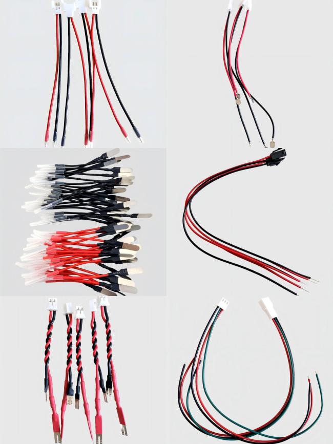 Assorted custom wire harness collection, white plastic connectors, spade terminals & twisted cables for electronic wiring