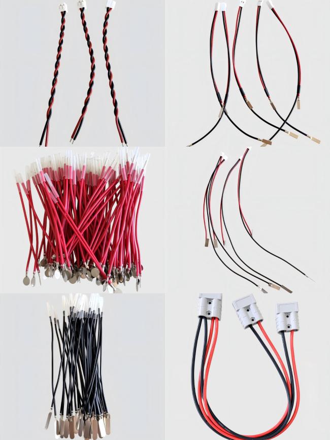 Variety of custom cable assemblies, twisted wires, nickel tab terminals and Anderson style connector harness