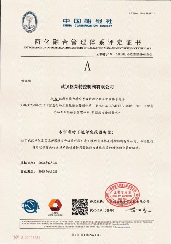 INTEGRATION OF INFORMATIZATION AND INDUSTRIALIZATION MANAGEMENT SYSTEM CERTIFICATE - Wuhan Grat Control Valve Co., Ltd.