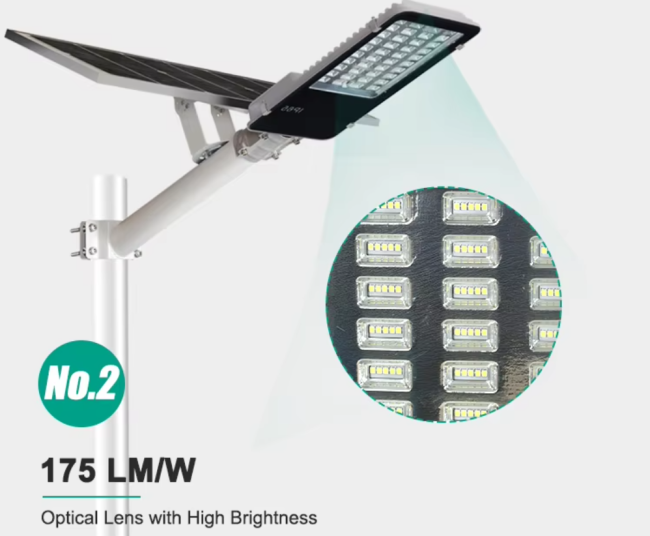 Technical specifications diagram showing solar light components and measurements