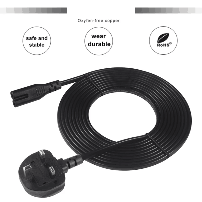 UK to IEC C7 power cord front view