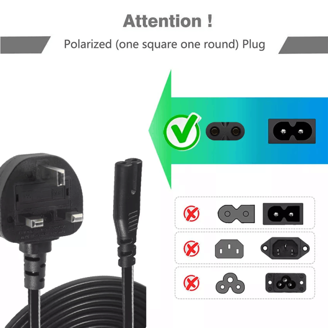 UK to IEC C7 power cord side view