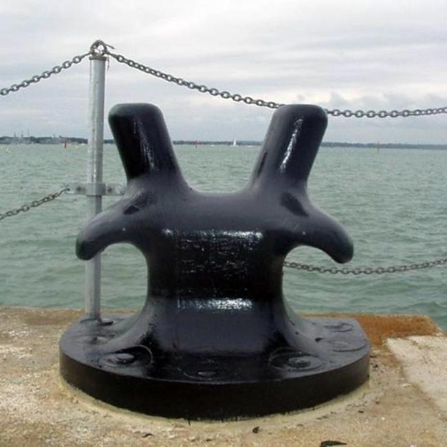 Mooring bollard product view showing horn-type configuration and galvanized surface finish