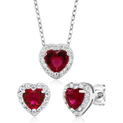 China Women 925 Sterling Silver Wedding Sets Heart Red Zirconia Earrings And Pendant Set for sale