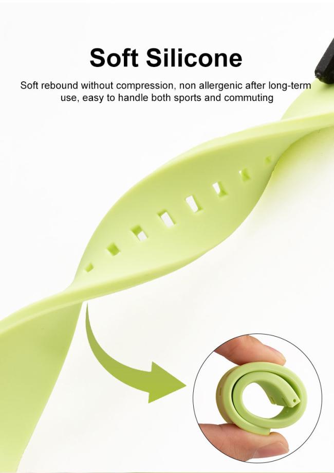 High-resilience soft silicone strap displaying non-allergenic comfort and anti-compression properties.