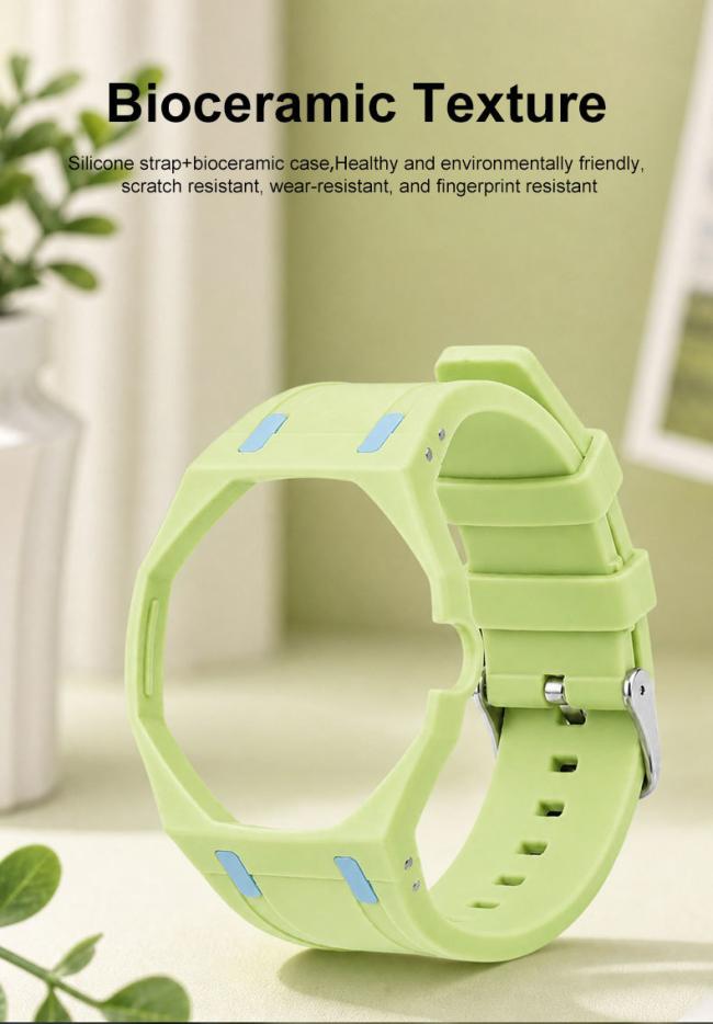 Macro view of bioceramic-texture finish on integrated green silicone watch case.
