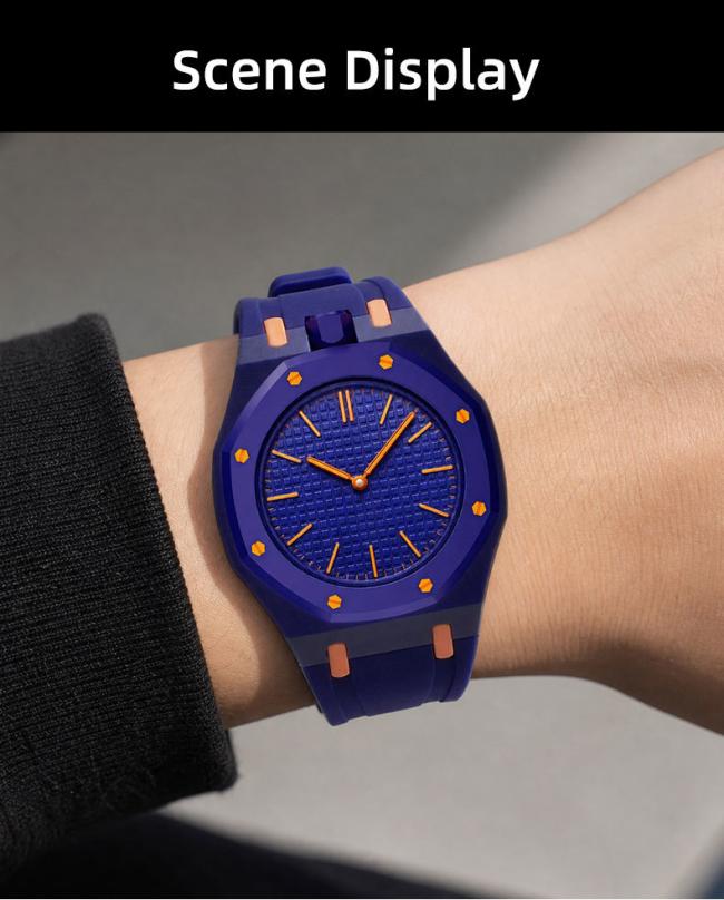 Professional wrist lifestyle shot of the integrated navy blue mod kit in daily scene.