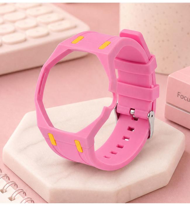 Side profile of pink integrated silicone strap highlighting the zero-gap architecture.