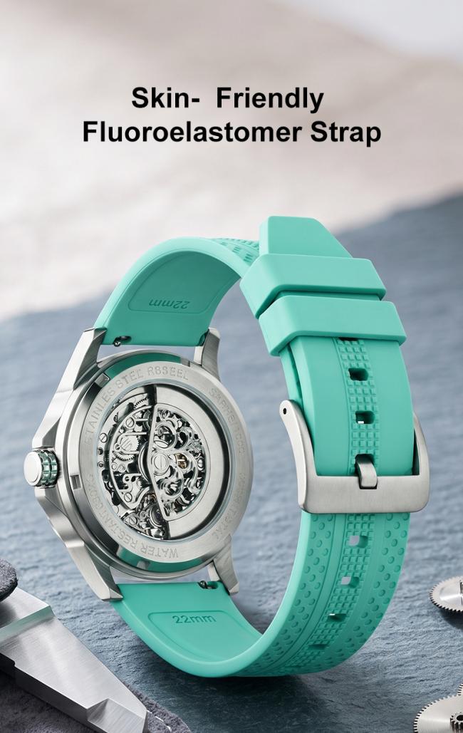 VortexGrid FKM watch strap in mint green on a skeleton luxury watch.