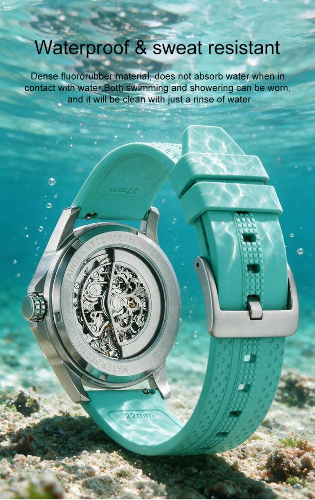 Waterproof FKM rubber watch strap submerged in clear blue water.