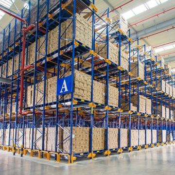 Close-up view of drive-through racking structural components and load-bearing capacity