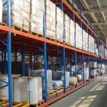 Push back racking system installed in industrial warehouse