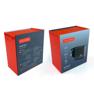 China Low MOQ Magnetic Closure Charger Adapter Packaging Boxes Electronics Components Packing Paper Box With Hooks for sale