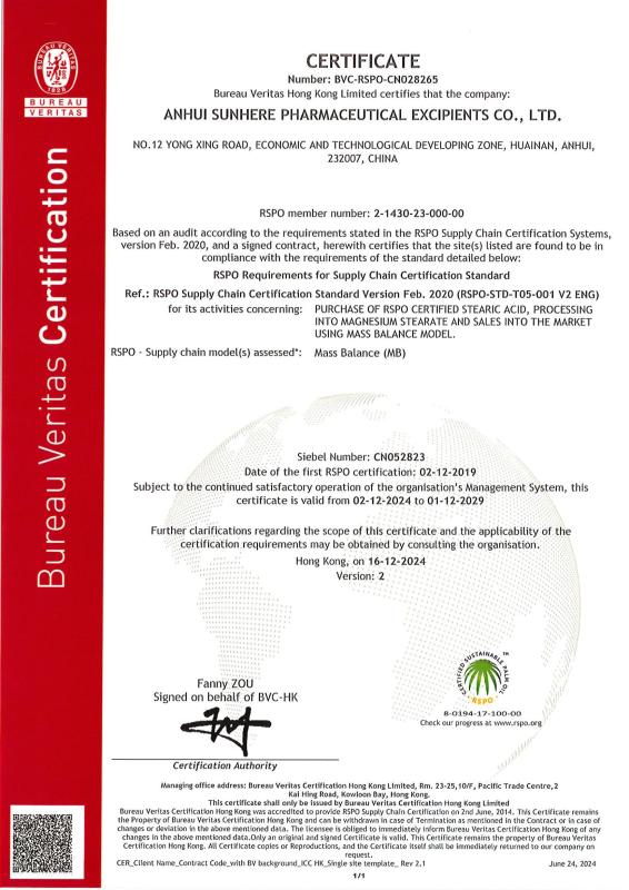 RSPO - Anhui Sunhere Pharmaceutical Excipients Co., Ltd.